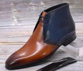 Customize Two Tone Blue Brown Patina Lace Up Men Handmade Chukka ...
