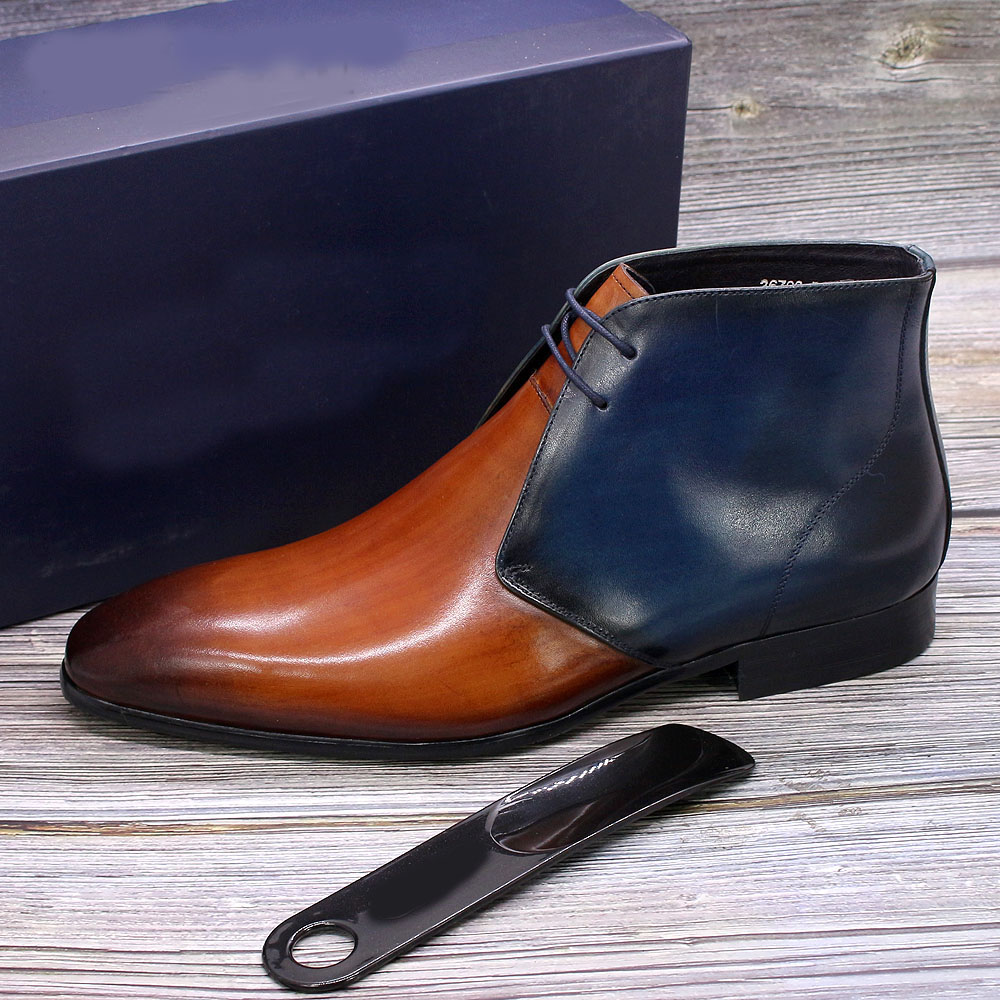 Customize Two Tone Blue Brown Patina Lace Up Men Handmade Chukka ...